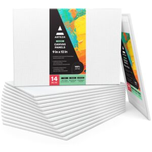 arteza canvas boards for painting, 9 x 12 inches, pack of 14, blank white canvas panels for acrylic, oil and gouache painting