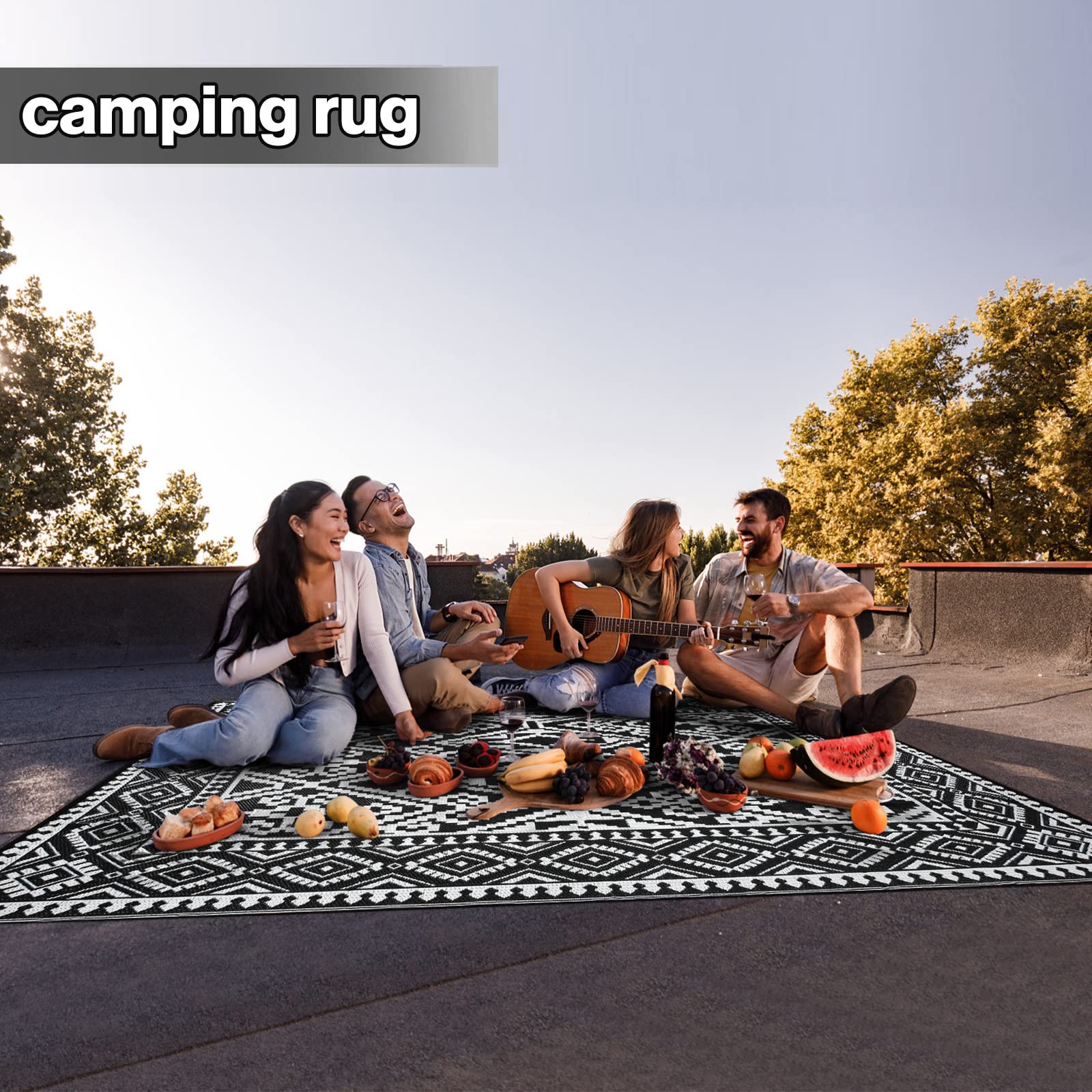 Rugcomf Outdoor Rug 8x10, Outdoor Patio Rug Waterproof for Outside Your Rv, Outside, Camping, Deck, Porch, Balcony, Backyard, Picnic Black and White