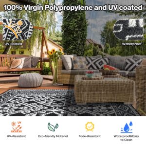 Rugcomf Outdoor Rug 8x10, Outdoor Patio Rug Waterproof for Outside Your Rv, Outside, Camping, Deck, Porch, Balcony, Backyard, Picnic Black and White