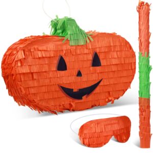 small halloween pumpkin pinata with bat and blindfold for halloween party decorations, party supplies, photo prop, october birthday, funny and spooky, fits candy favors, 14 x 9 x 2.6 inches