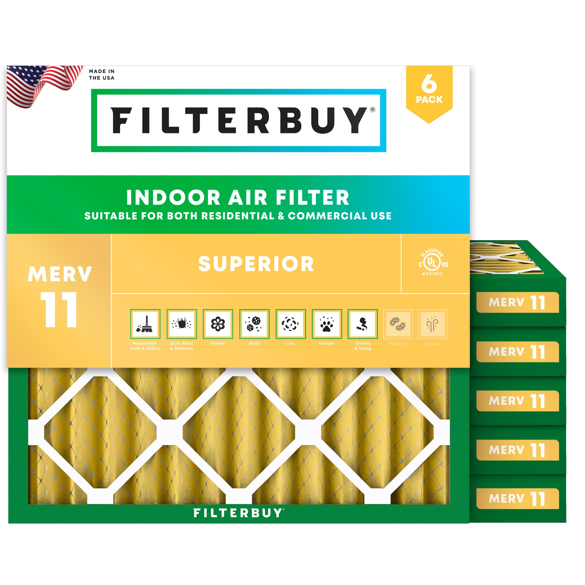 Filterbuy 14x14x2 Air Filter MERV 11 Allergen Defense (6-Pack), Pleated HVAC AC Furnace Air Filters Replacement (Actual Size: 13.50 x 13.50 x 1.75 Inches)