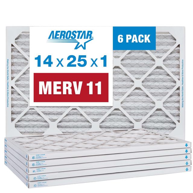 Aerostar 14x25x1 MERV 11 Pleated Air Filter, AC Furnace Air Filter, 6 Pack (Actual Size: 13 1/2" x 24 1/2" x 3/4")