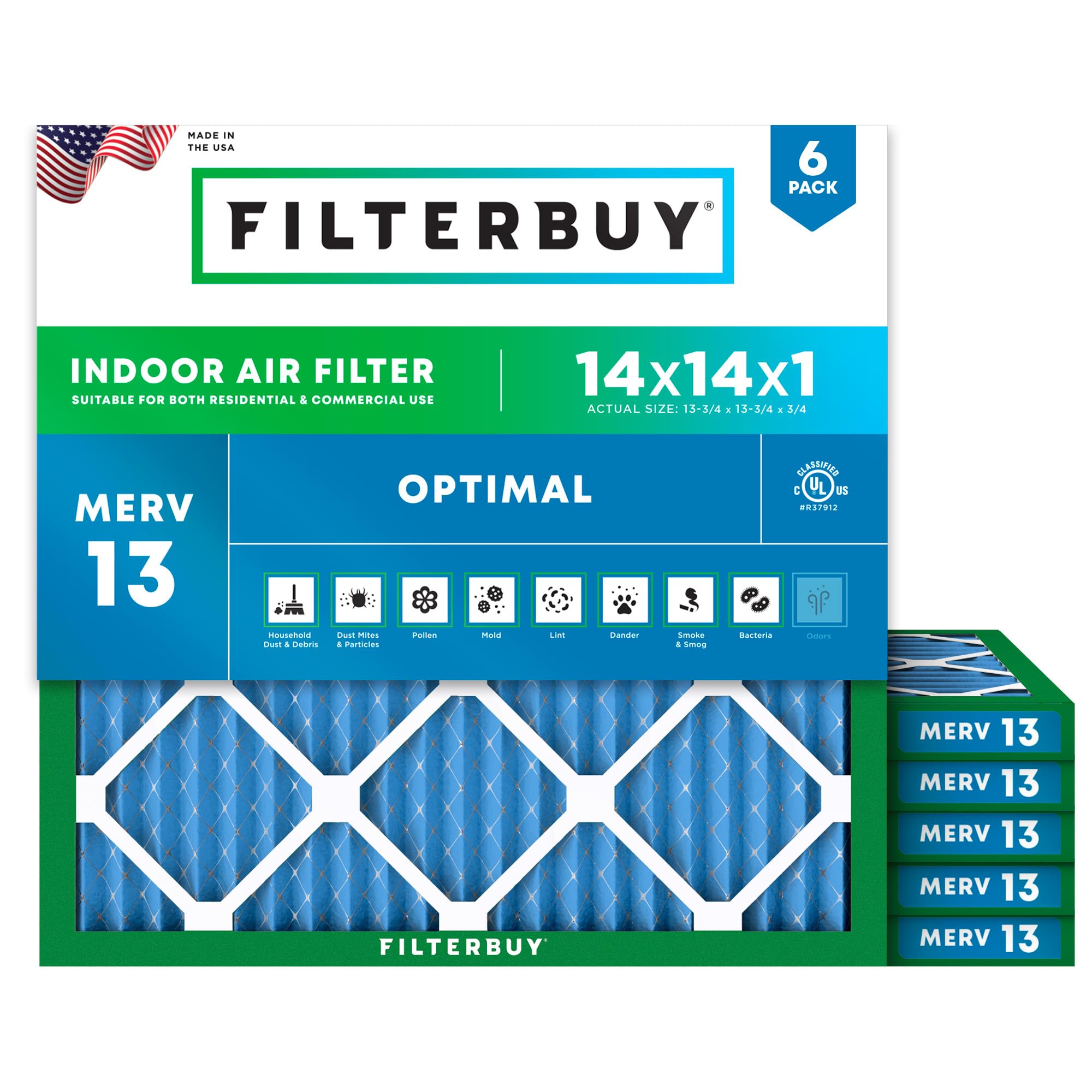 Filterbuy 14x14x1 Air Filter MERV 13 Optimal Defense (6-Pack), Pleated HVAC AC Furnace Air Filters Replacement (Actual Size: 13.75 x 13.75 x 0.75 Inches)