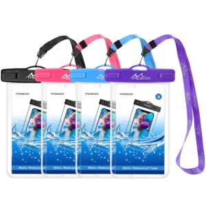 moko waterproof phone pouch 4pack, underwater phone case dry bag with lanyard compatible with iphone 14 13 12 11 pro max x/xr/xs max/se 3, galaxy s21/s10/s9, note 10/9/8, black+magenta+blue+purple