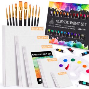 canvases for painting, painting supplies with 20 cotton canvas panels, 4x4, 5x7, 8x10, 9x12, 11x14 inches (4 of each), with 24 acrylic paints, 10 brushes, painting canvas set for multimedia