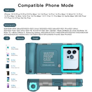 Underwater Snorkeling Diving Phone Case for iPhone 15/14/13/12/11 Pro Max/XR/XS/X Samsung Galaxy S24/S23/S22/S21, Professional Scuba Dive Waterproof Case Underwater Photo & Video Housing (Teal-Blue)