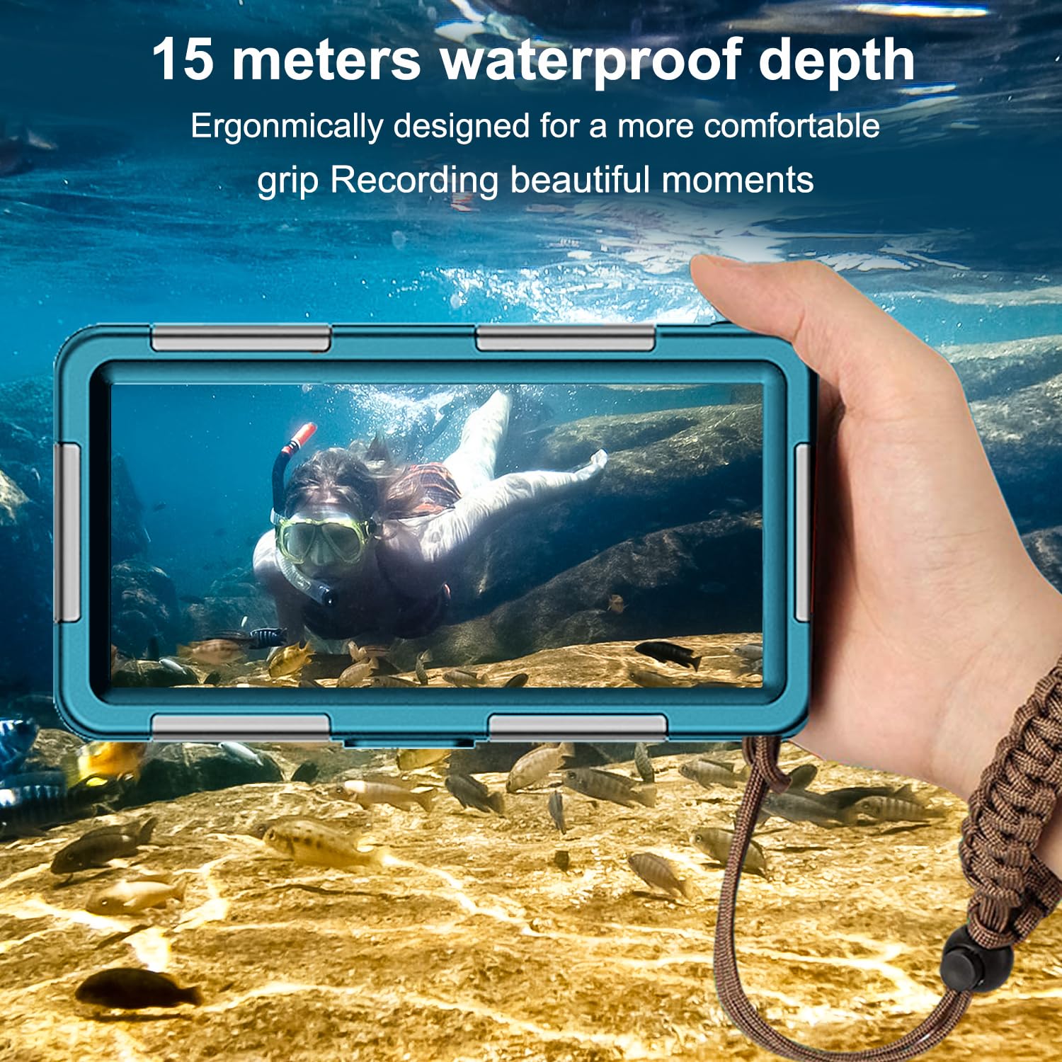 Underwater Snorkeling Diving Phone Case for iPhone 15/14/13/12/11 Pro Max/XR/XS/X Samsung Galaxy S24/S23/S22/S21, Professional Scuba Dive Waterproof Case Underwater Photo & Video Housing (Teal-Blue)