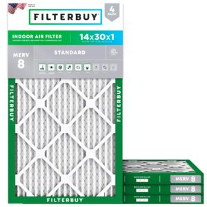 filterbuy 14x30x1 air filter merv 8 dust defense (4-pack), pleated hvac ac furnace air filters replacement (actual size: 13.88 x 29.88 x 0.75 inches)