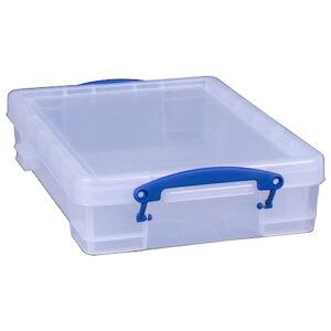 really useful box 4c plastic stackable storage container with snap lid and built in clip lock handles for home and office organization, clear