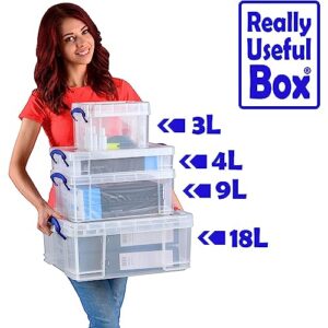 Really Useful Box 4C Plastic Stackable Storage Container with Snap Lid and Built In Clip Lock Handles for Home and Office Organization, Clear