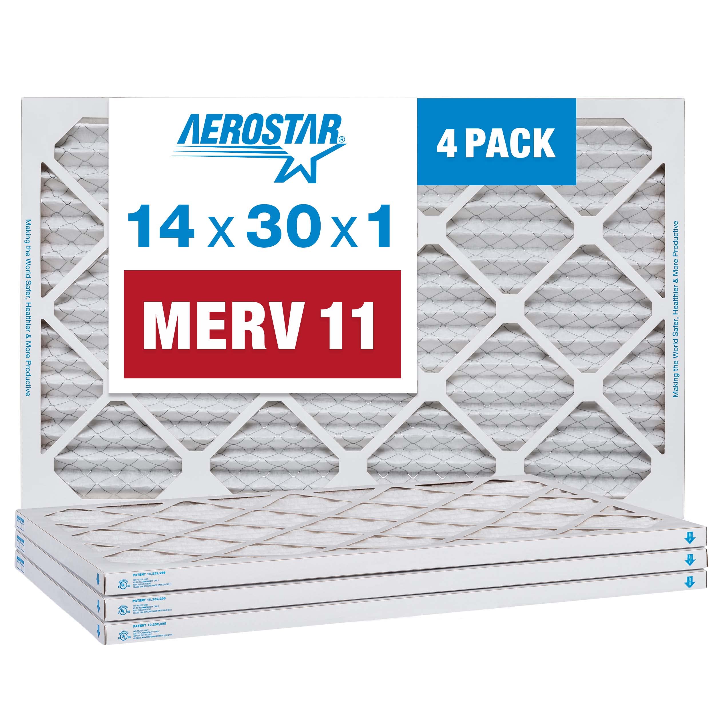 Aerostar 14x30x1 MERV 11 Pleated Air Filter, AC Furnace Air Filter, 4 Pack (Actual Size: 13 7/8" x 29 7/8" x 3/4")