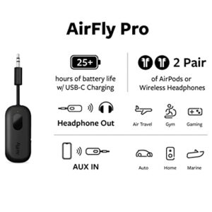 Twelve South AirFly Pro Bluetooth Wireless Audio Transmitter/Receiver for up to 2 AirPods/ Headphones; Use with Any 3.5 mm Audio Jack, Black