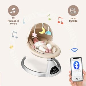 HARPPA Electric Baby Swings for Infants to Toddler, Portable Babies Rocker Bouncer for Newborn Boy and Girls, Motorized Bluetooth Swing, Music Speaker with 12 Preset Lullabies(Khaki)