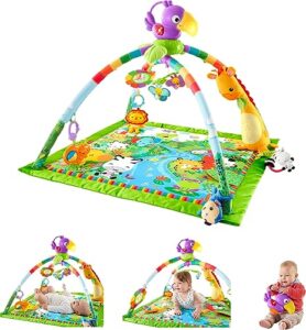 fisher-price playmat rainforest music & lights deluxe gym with 10+ toys & activites for newborn tummy time play