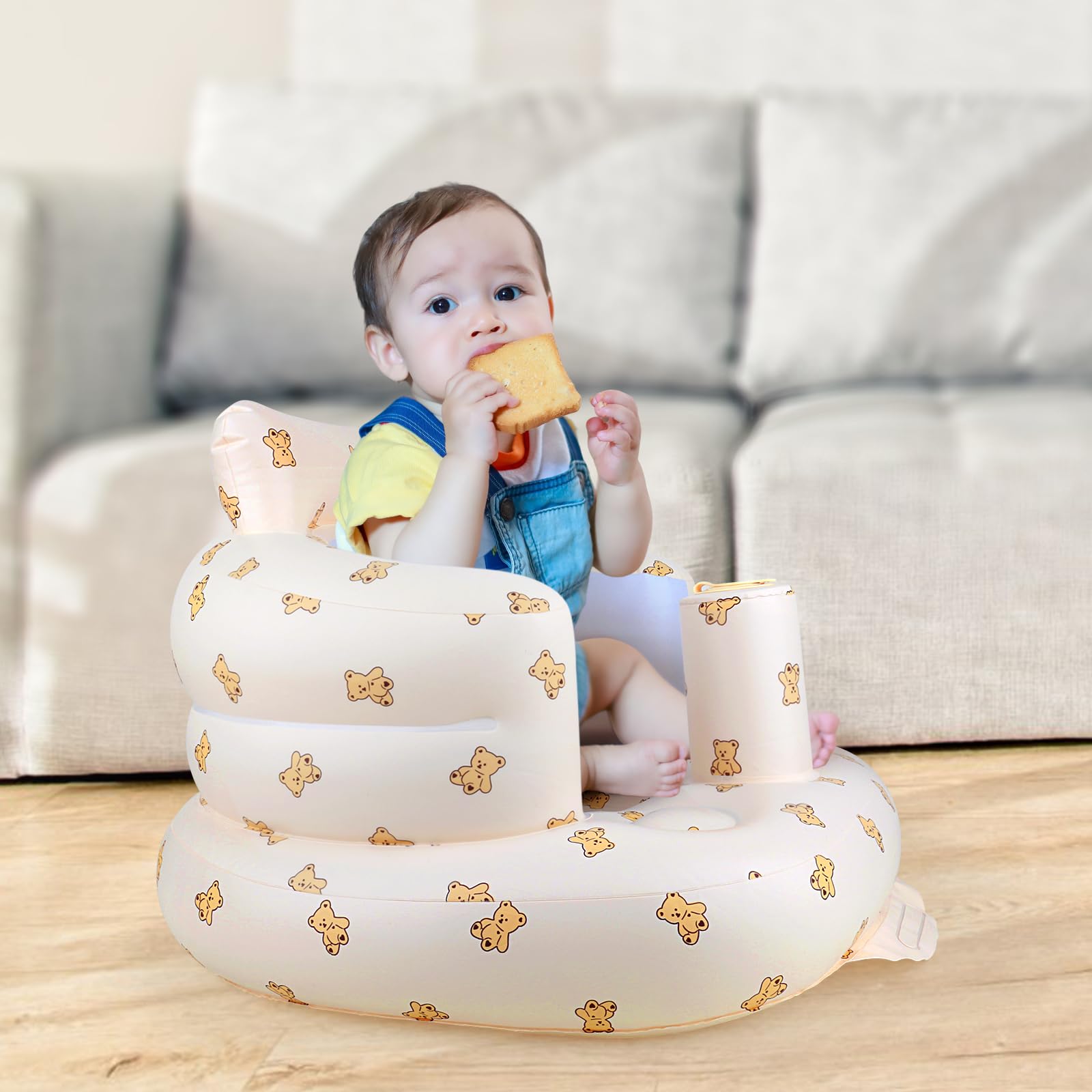 Baby Inflatable Seat for Babies 3-36 Months, Built in Air Pump Infant Back Support Sofa, Infant Support Seat Toddler Chair for Sitting Up, Baby Shower Chair Floor Seater Gifts (Baby Bear)