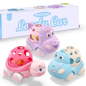 WESAYEE Pink Toy Car for Baby Girl Gifts, Push Toys Wind Up Cars for Toddler Girls, Rattle Cars for Babies, Pink Trucks for Toddlers 1-3 Infant Girls, Soft Truck Infants Gift