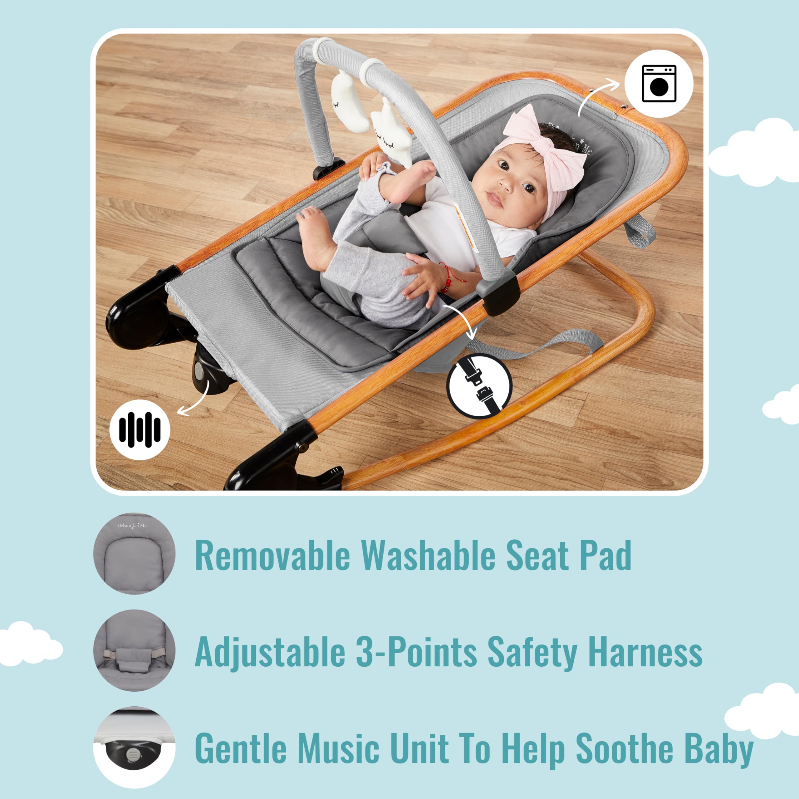 Dream on Me Rock With Me 2-in-1 Baby Rocker and Stationary Seat, Baby Rocker Seat for Infant with Removable Toy Bar, Baby Rocker Chair with Soothing Music & Vibration, 0-6 Months, Upto 20 Lbs