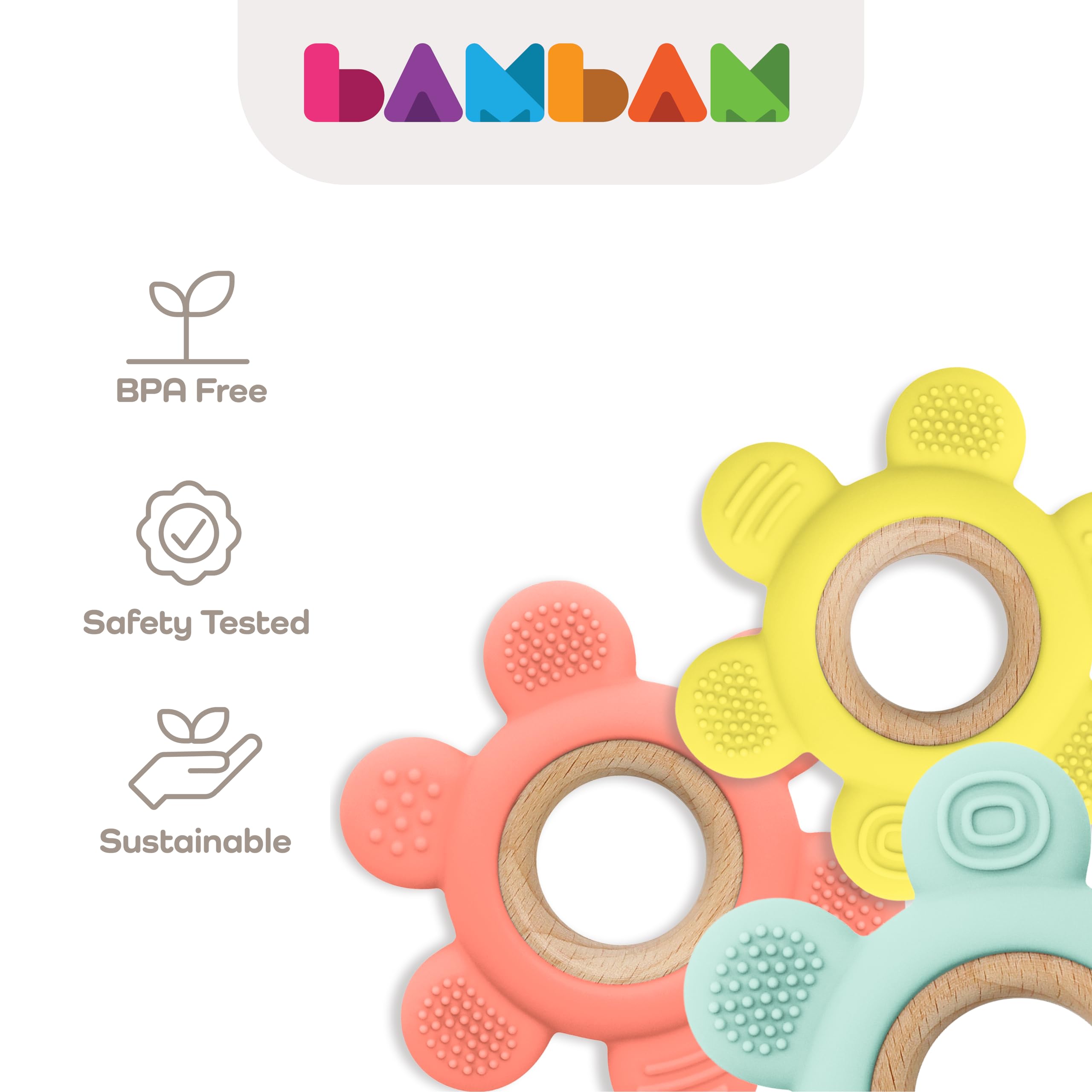 BAMBAM Baby Premium Silicone Teething Ring Toy – 100% BPA Free, Child Safety Tested, for Baby & Infant 0-6, 3-6 and 6-12 Months Teether Toys – Flora The Flower (Mossy Meadow)