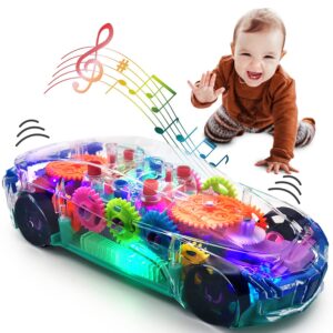 tooty toy light up transparent car toy - fun and interactive electric car toy for kids- music car with led - colorful moving gears -tummy time crawling baby light up toys for boys & girls