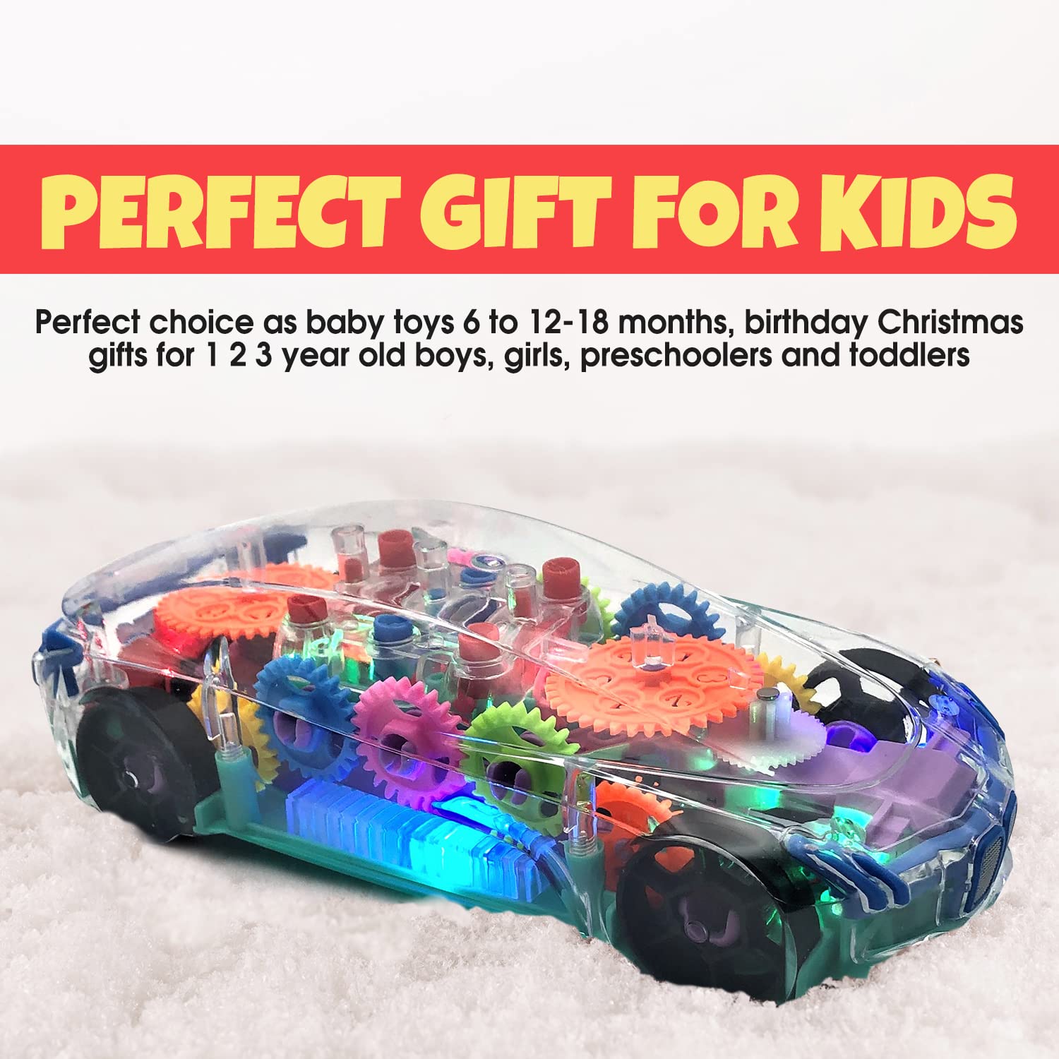 TOOTY TOY Light Up Transparent Car Toy - Fun and Interactive Electric Car Toy for Kids- Music Car with LED - Colorful Moving Gears -Tummy Time Crawling Baby Light Up Toys for Boys & Girls