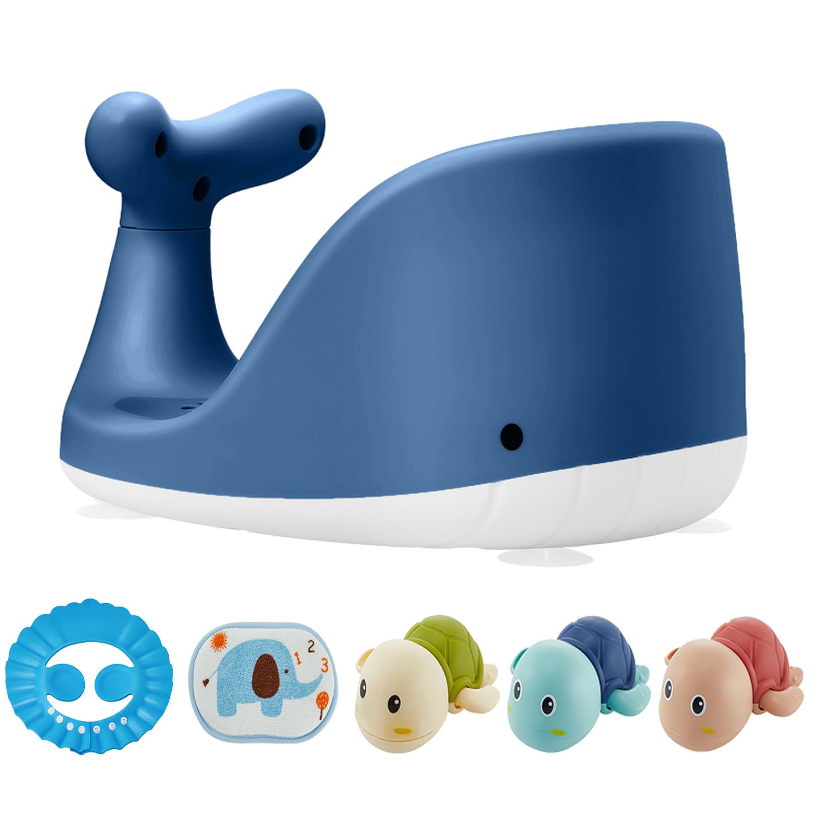 Whale Shape Baby Bath Seat – 3 Bath Toys + Bath Brush + Shower Cap – Ergonomic Backrest – Elastic and Breathable – 4 Strong Non-Slip Suction Cups – Ideal Gift! (Blue)