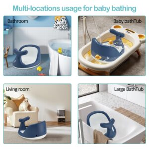 Whale Shape Baby Bath Seat – 3 Bath Toys + Bath Brush + Shower Cap – Ergonomic Backrest – Elastic and Breathable – 4 Strong Non-Slip Suction Cups – Ideal Gift! (Blue)