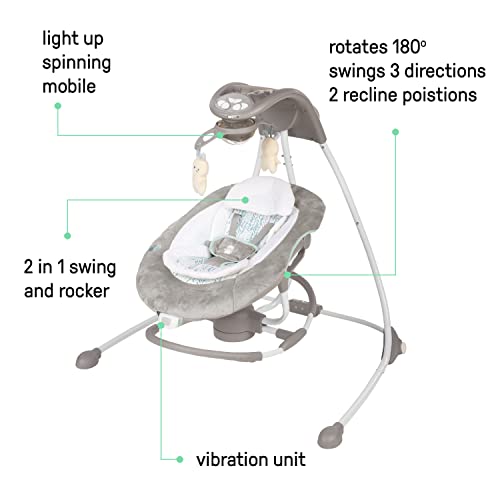 Ingenuity InLighten 2-in-1 Baby Swing & Rocker with Vibrations, Swivel Seat, Easy-Fold, Sounds & Lights, 0-9 Months Up to 20 lbs (Spruce)