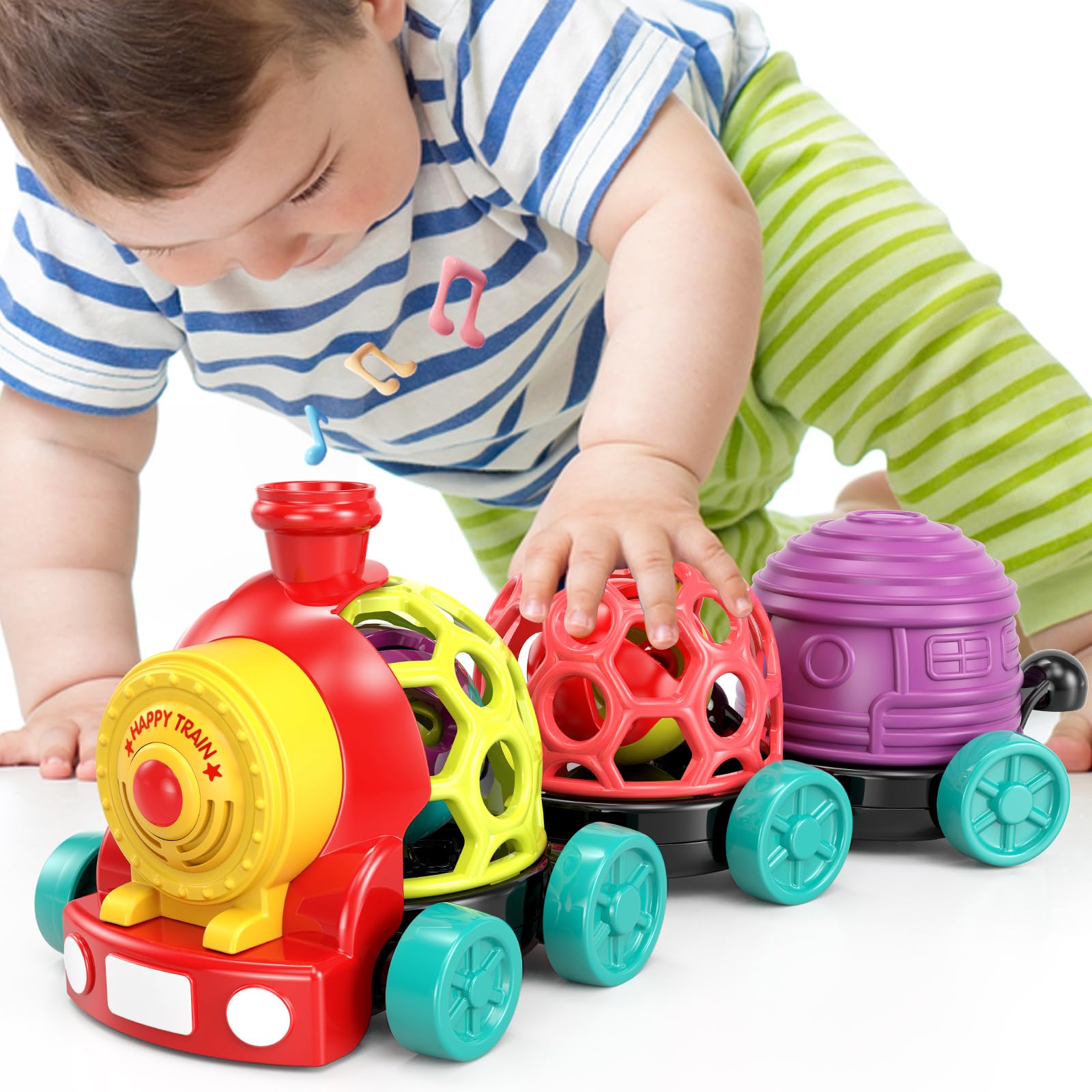 MOONTOY Baby Cars Toys for Babies 6-12 Months, Infant Toys Train Baby Boy Toys Soft Cars Ball Rattle Musical Toddler Push and Go Truck for 1 2 Year Old, Development Gift for 7 8 9 10 18 Month Boy Girl