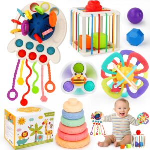 baby toys 6-12 months,5 in 1 montessori toys for babies 6-12 months,pull string infant teething toys,stacking rings,color shape sensory,suction cup spinner toys for 6-9-12 to 18 m+ birthday gifts