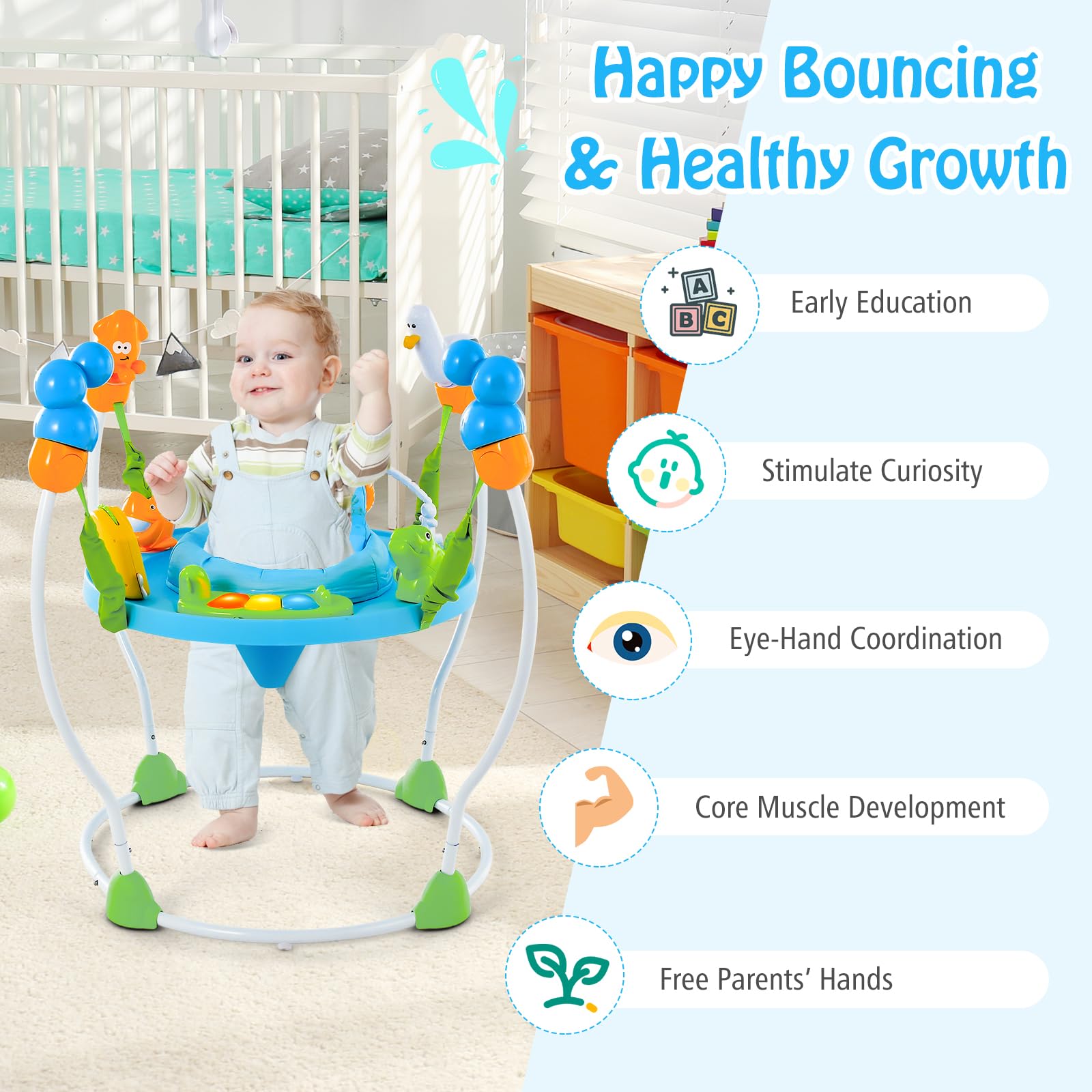 BABY JOY Ocean Discovery Baby Jumpers and Bouncers, Infant Activity Center with Music Lights Sounds, 360° Rotating Seat and 5 Adjustable Heights, Developmental Toys for 6-12 Months