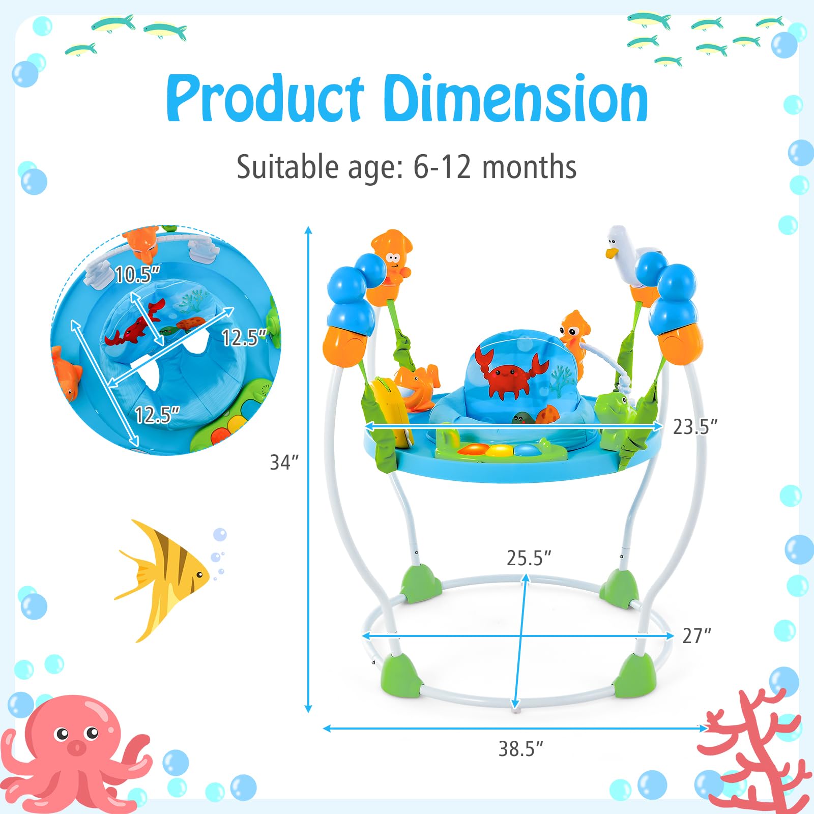 BABY JOY Ocean Discovery Baby Jumpers and Bouncers, Infant Activity Center with Music Lights Sounds, 360° Rotating Seat and 5 Adjustable Heights, Developmental Toys for 6-12 Months