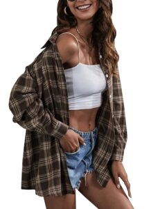 hangnifang flannel shirts for women oversized coffee plaid shirts blouse tops(0368-coffee-m)