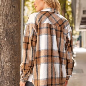 AUTOMET Womens Fall Outfits Fashion Clothes Tops Oversized Flannel Jackets Shirts Button Down Long Sleeve Shacket Blouse 2024 Apricot