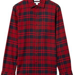 Amazon Essentials Men's Slim-Fit Long-Sleeve Plaid Flannel Shirt (Limited Edition Colors), Navy Red Plaid, Medium