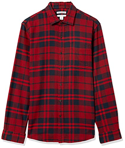 Amazon Essentials Men's Slim-Fit Long-Sleeve Plaid Flannel Shirt (Limited Edition Colors), Navy Red Plaid, Medium