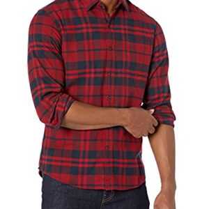 Amazon Essentials Men's Slim-Fit Long-Sleeve Plaid Flannel Shirt (Limited Edition Colors), Navy Red Plaid, Medium