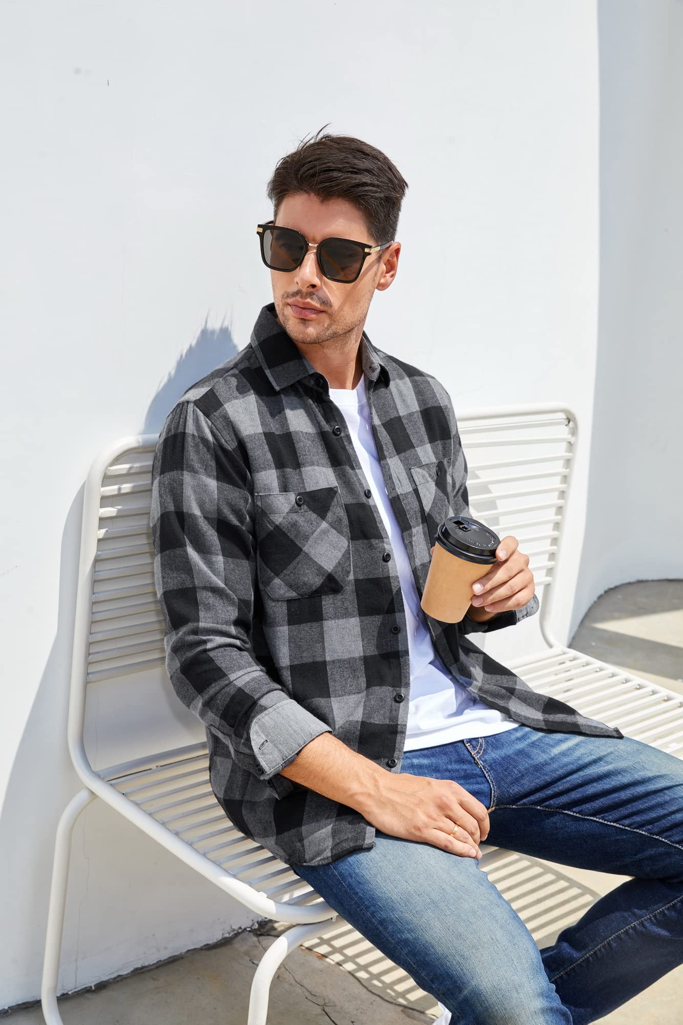 Alex Vando Mens Button Down Shirts Regular Fit Long Sleeve Casual Plaid Flannel Shirt.Grey/Black,L