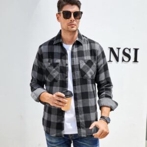 Alex Vando Mens Button Down Shirts Regular Fit Long Sleeve Casual Plaid Flannel Shirt.Grey/Black,L