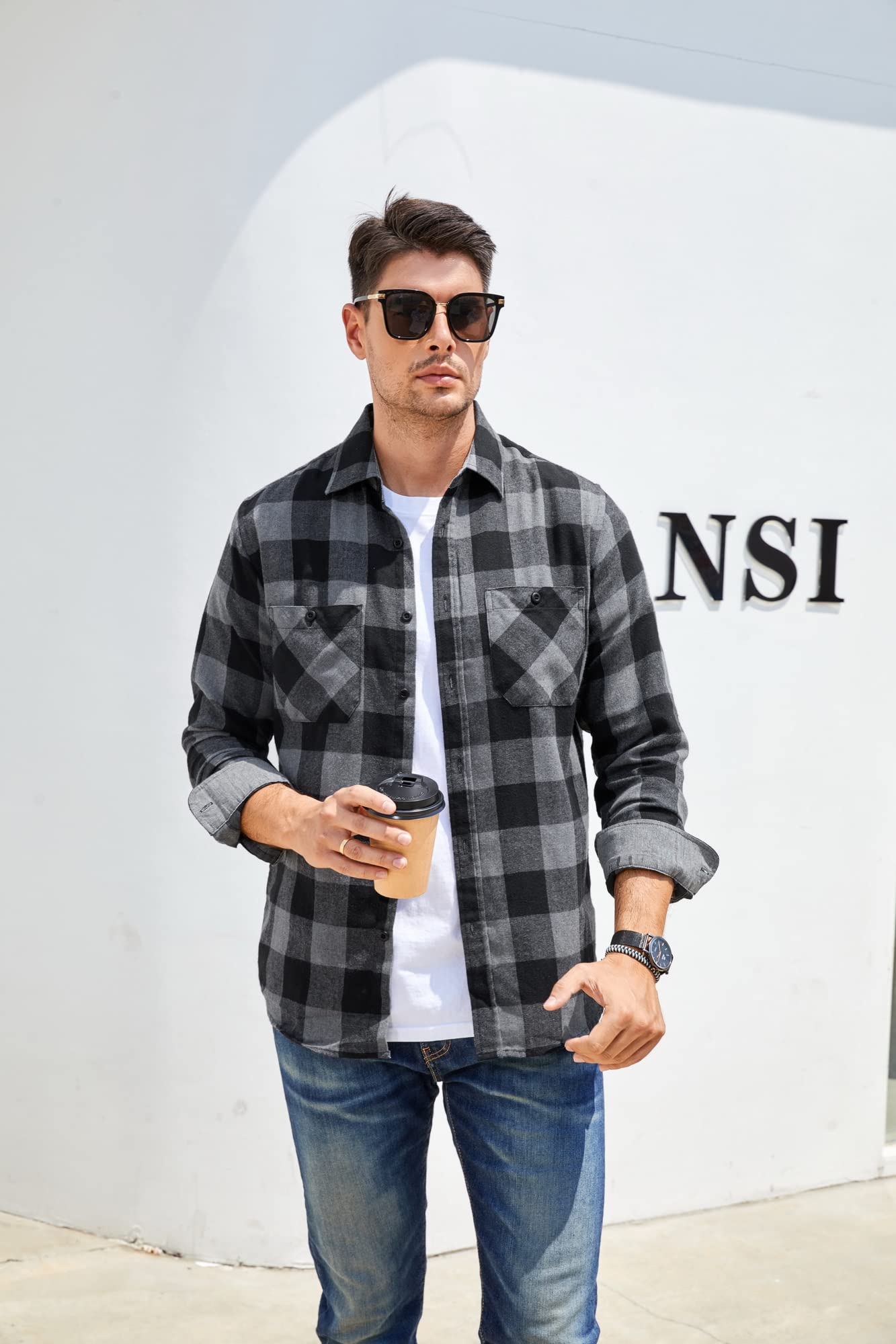 Alex Vando Mens Button Down Shirts Regular Fit Long Sleeve Casual Plaid Flannel Shirt.Grey/Black,L