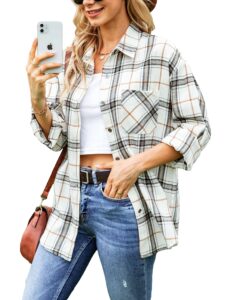 lumister oversized flannel shirt women long sleeve plaid button down buffalo shirt blouse tops with one pocket(0405-white*1-m)