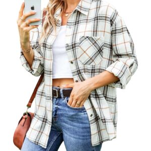 Lumister Oversized Flannel Shirt Women Long Sleeve Plaid Button Down Buffalo Shirt Blouse Tops with One Pocket(0405-White*1-M)