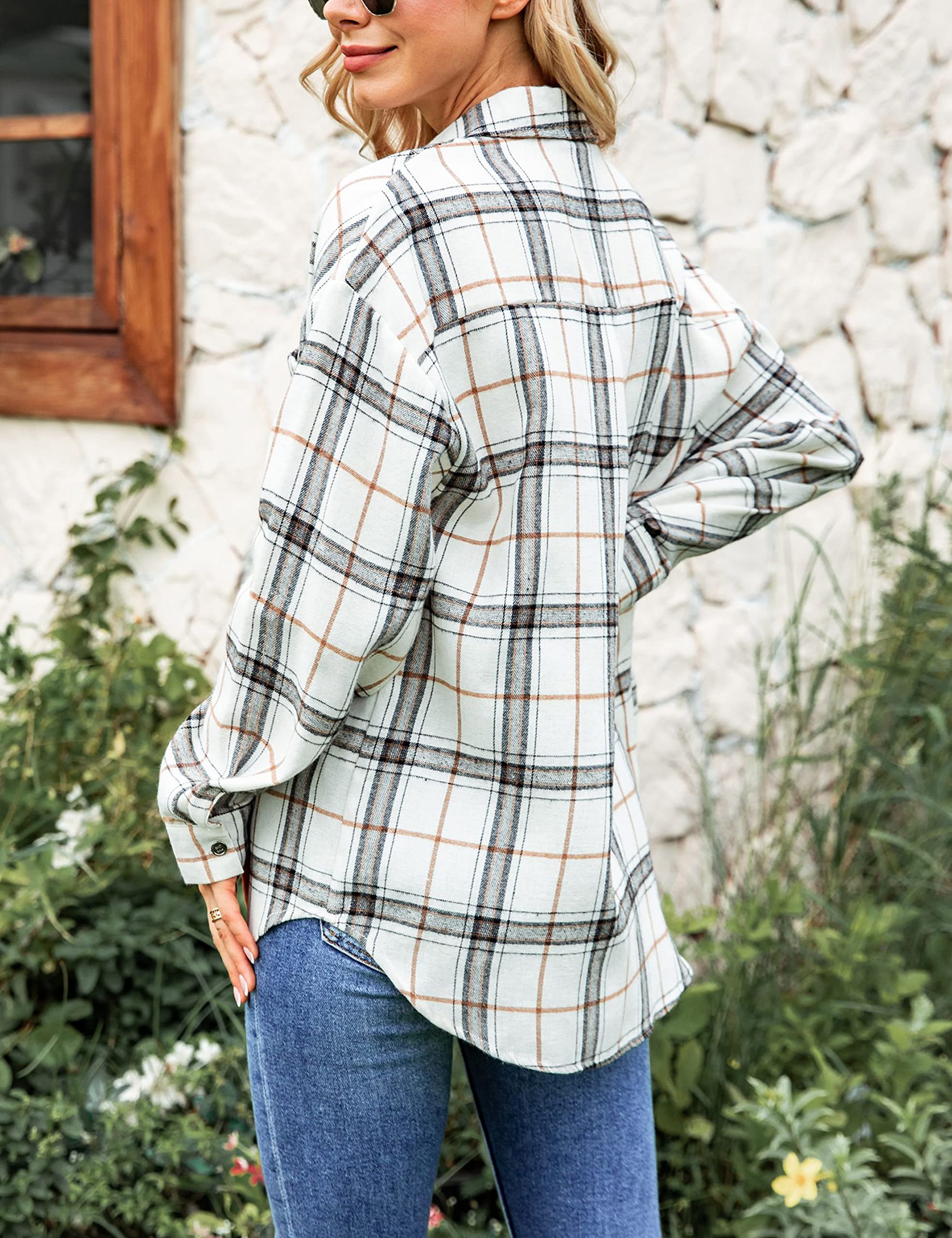 Lumister Oversized Flannel Shirt Women Long Sleeve Plaid Button Down Buffalo Shirt Blouse Tops with One Pocket(0405-White*1-M)