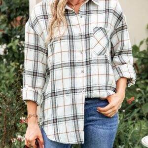 Lumister Oversized Flannel Shirt Women Long Sleeve Plaid Button Down Buffalo Shirt Blouse Tops with One Pocket(0405-White*1-M)