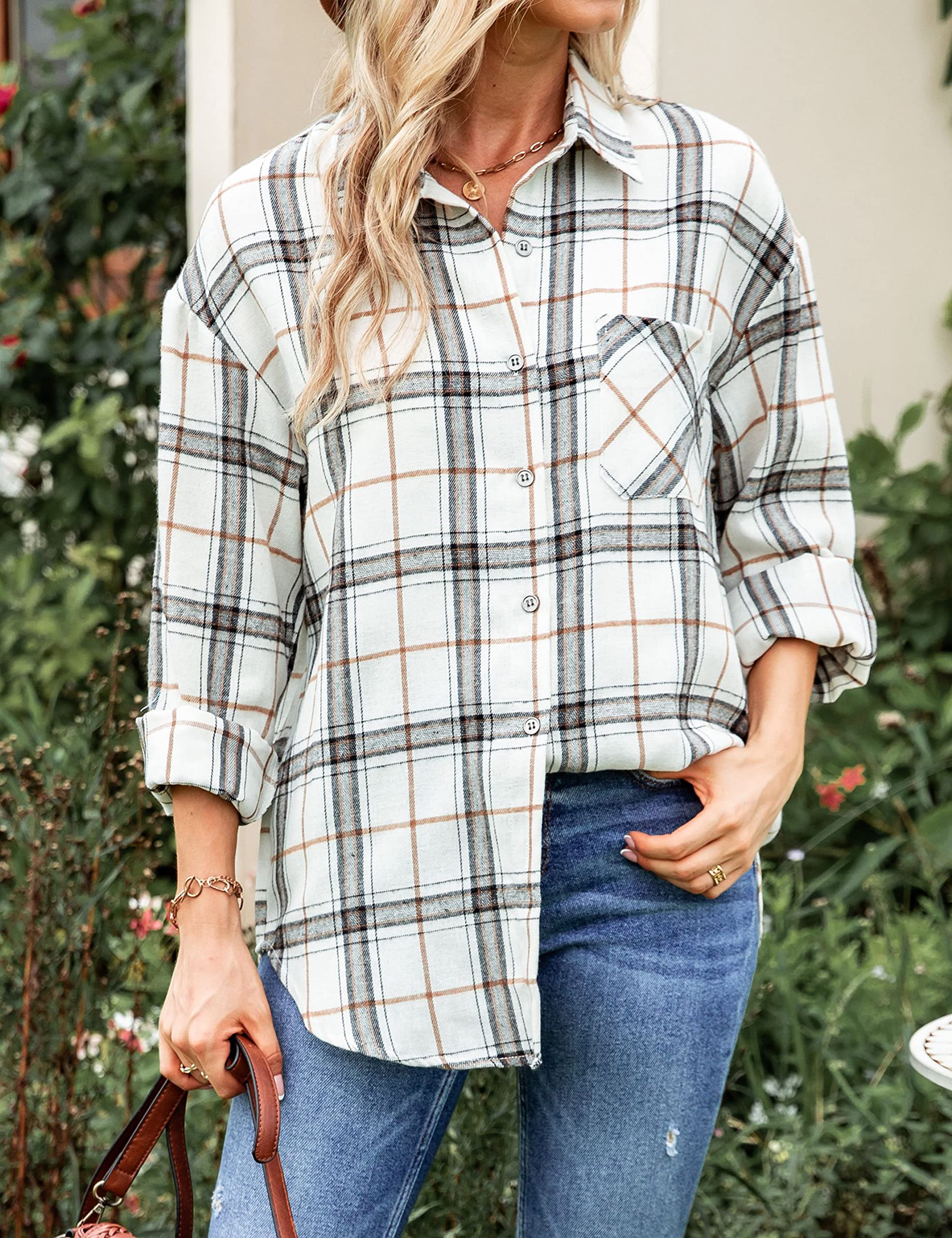 Lumister Oversized Flannel Shirt Women Long Sleeve Plaid Button Down Buffalo Shirt Blouse Tops with One Pocket(0405-White*1-M)