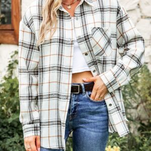 Lumister Oversized Flannel Shirt Women Long Sleeve Plaid Button Down Buffalo Shirt Blouse Tops with One Pocket(0405-White*1-M)