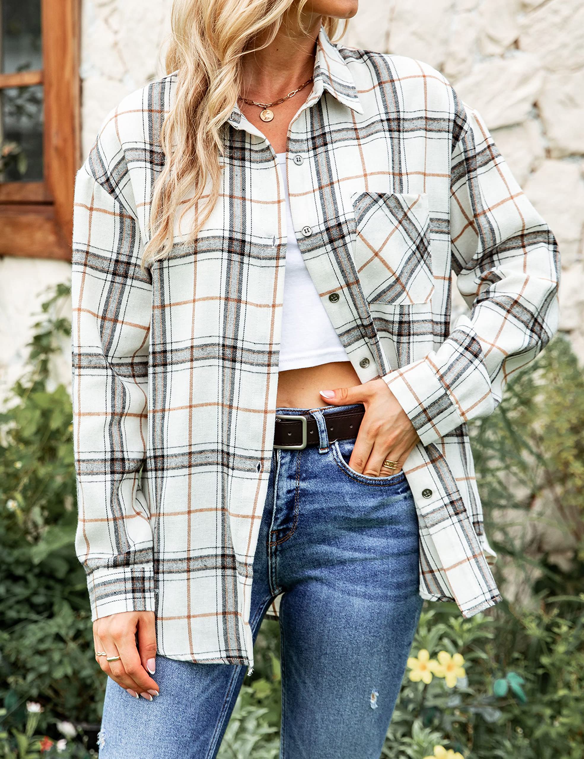 Lumister Oversized Flannel Shirt Women Long Sleeve Plaid Button Down Buffalo Shirt Blouse Tops with One Pocket(0405-White*1-M)