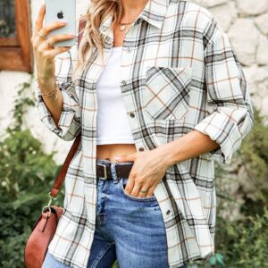 Lumister Oversized Flannel Shirt Women Long Sleeve Plaid Button Down Buffalo Shirt Blouse Tops with One Pocket(0405-White*1-M)