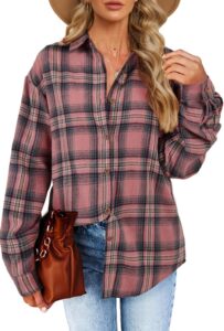 womens long sleeve flannel shirts plaid flannels lapels collared button down shacket casual rolled up boyfriend blouse tops pink