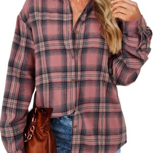 Womens Long Sleeve Flannel Shirts Plaid Flannels lapels Collared Button Down Shacket Casual Rolled Up Boyfriend Blouse Tops Pink