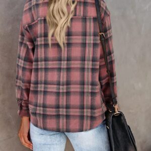 Womens Long Sleeve Flannel Shirts Plaid Flannels lapels Collared Button Down Shacket Casual Rolled Up Boyfriend Blouse Tops Pink